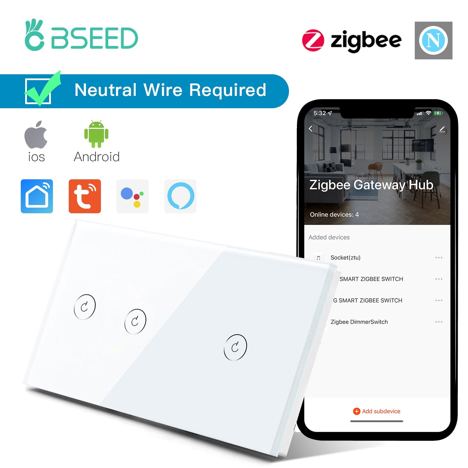 Bseed New Panel Double 1/2/3 Gang 1/2/3 Way Smart ZigBee Switch ...
