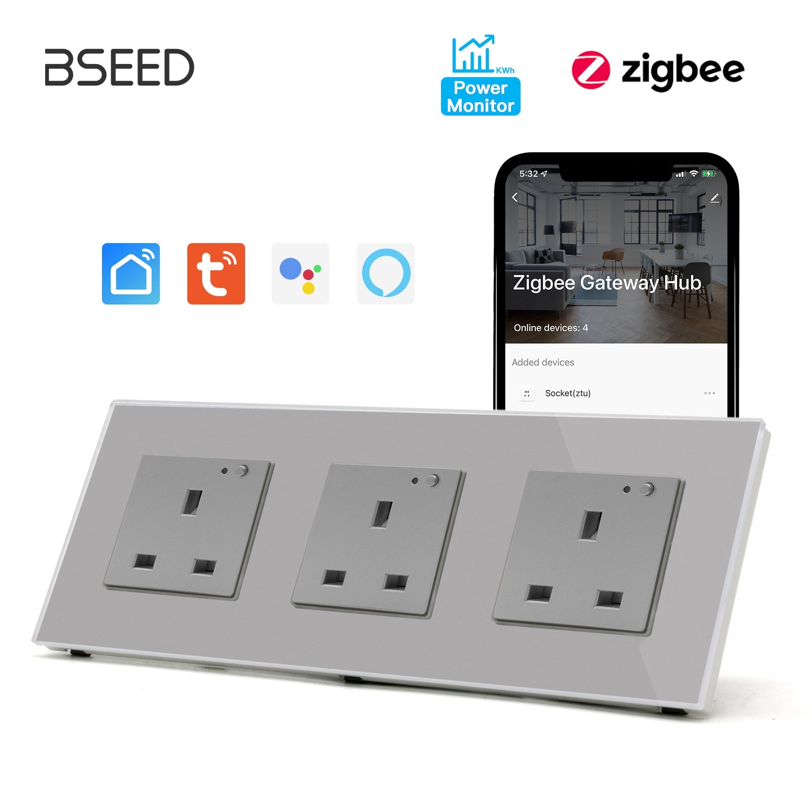 BSEED ZigBee UK Wall Sockets Power Outlets Kids Protection with meteri ...