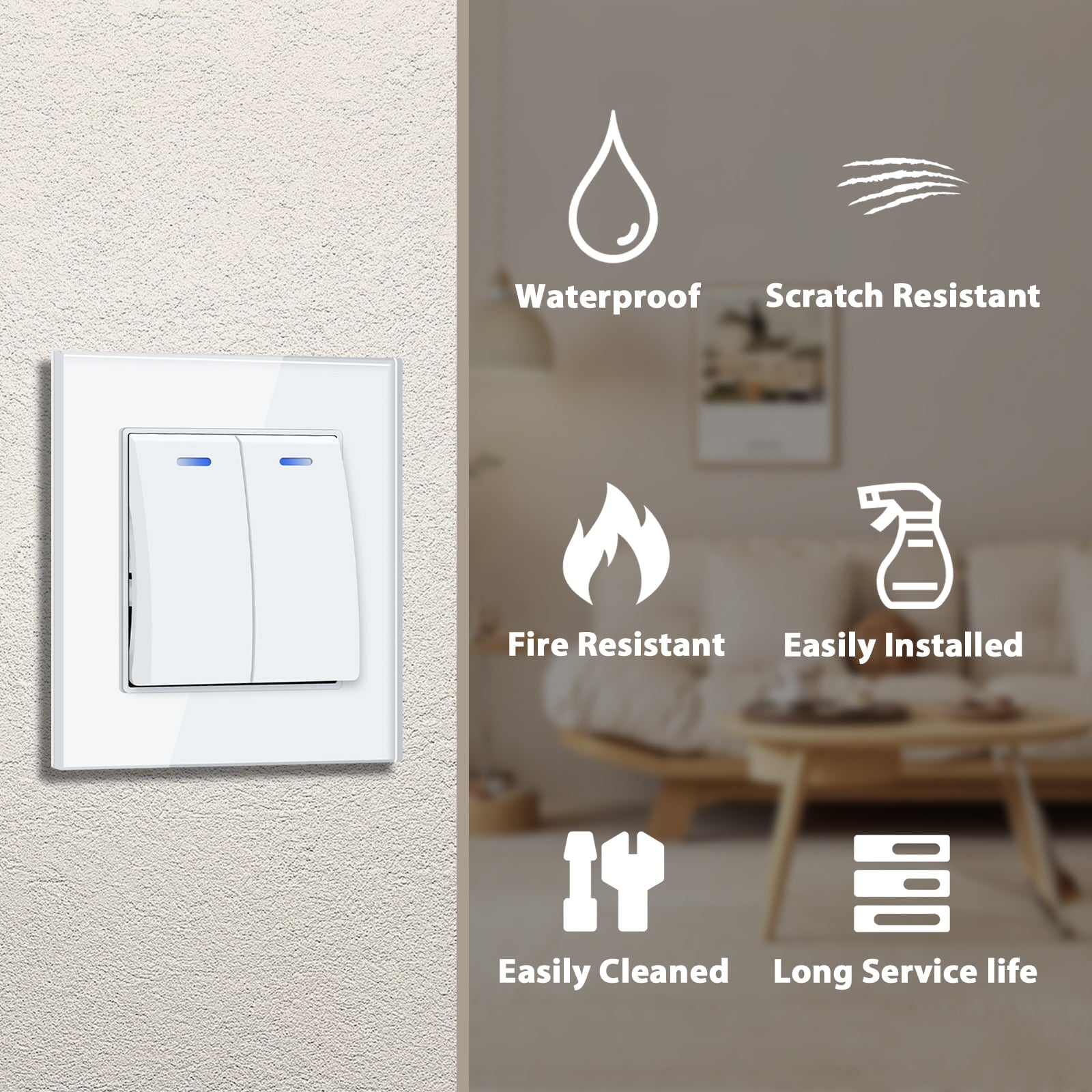 Bseed Button Light Switch Glass Panel White Rocker Switch with LED ...