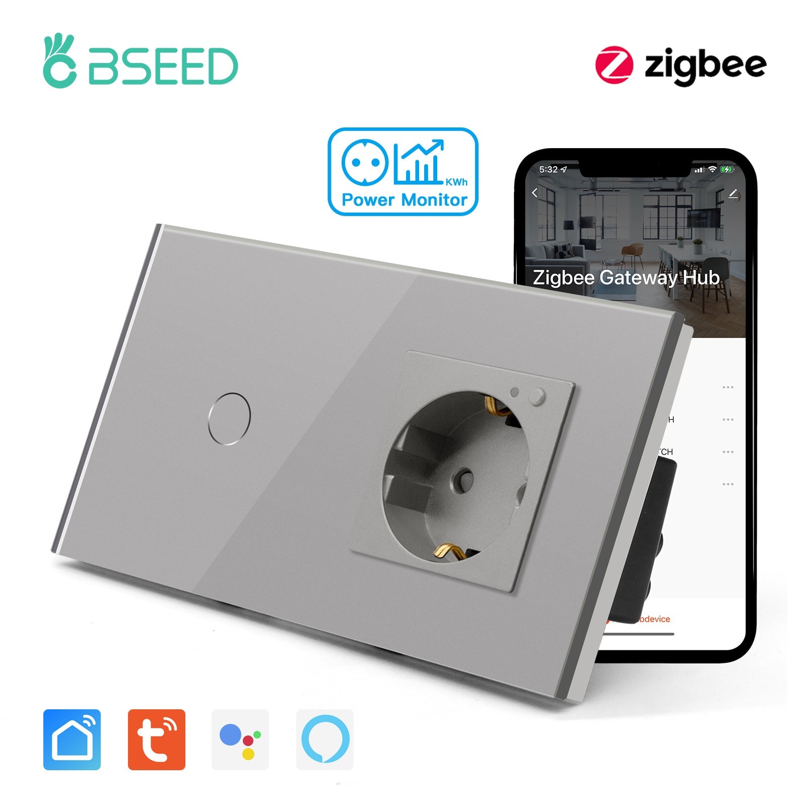 Bseed Zigbee Light Switch 1/2/3 Way With Zigbee Socket with Metering ...