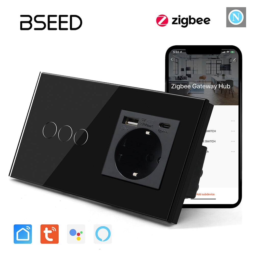 Bseed Zigbee 1/2/3 Light Switch 1/2/3 Way With EU Socket With USB and – Bseedswitch