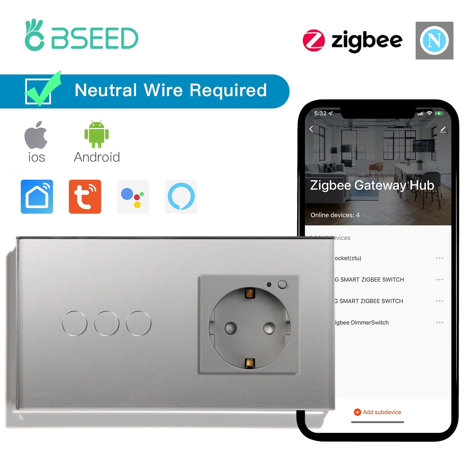 Bseed Zigbee 1/2/3 Light Switch 1/2/3 Way With Zigbee Socket – Bseedswitch