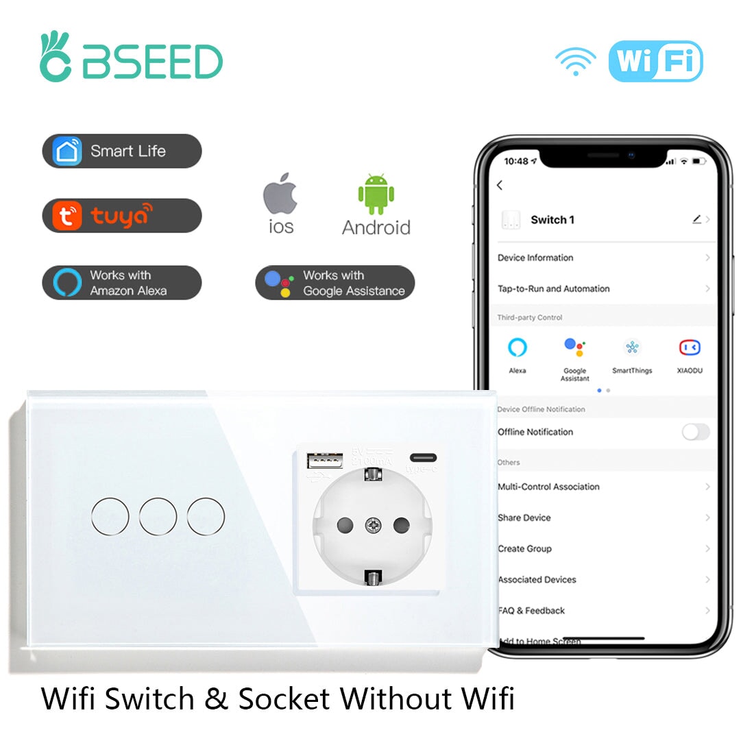 BSEED Smart Touch Switches 1/2/3 Gang Wifi Light Switch Plus EU Wall U ...
