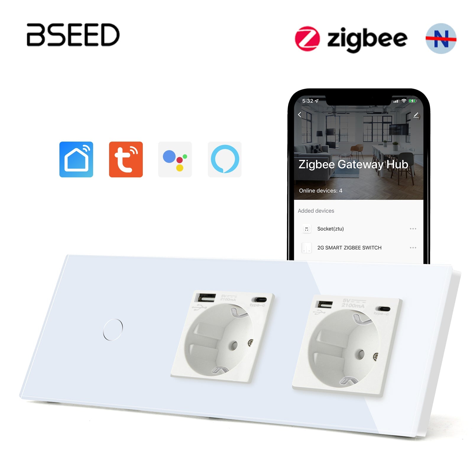 Bseed Zigbee Touch 1/2/3 Gang NO Neutral line Light Switches With Doub ...