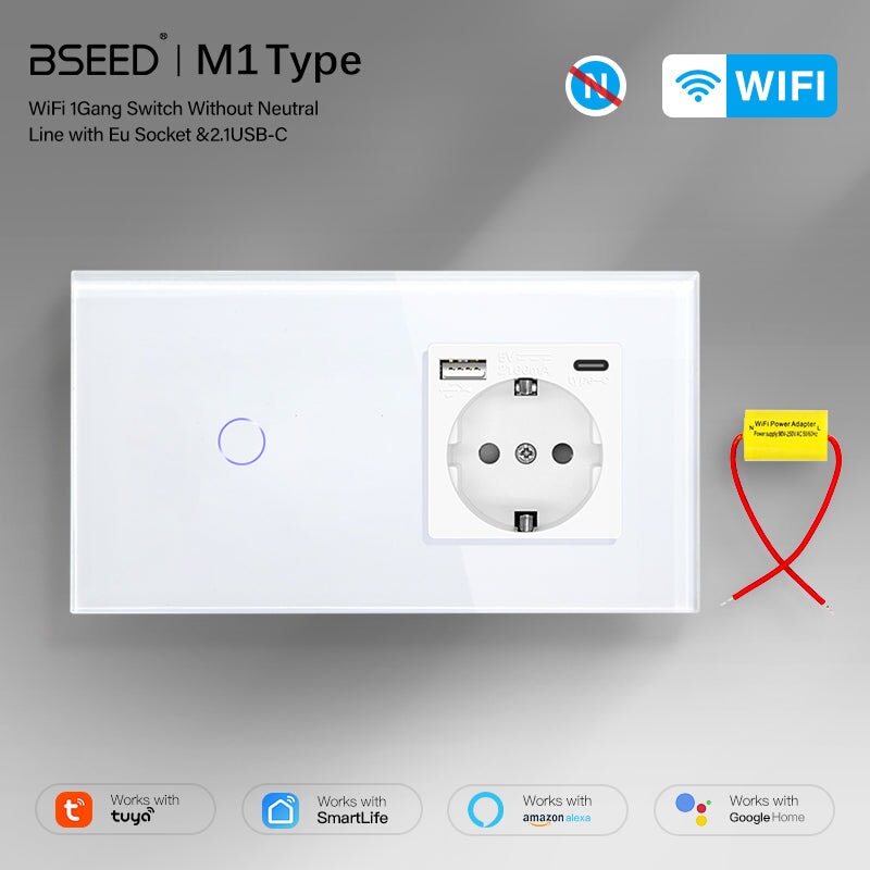 BSEED Single Line Wifi Light Switch with Eu socket type-c Plug 2.1A 15 ...