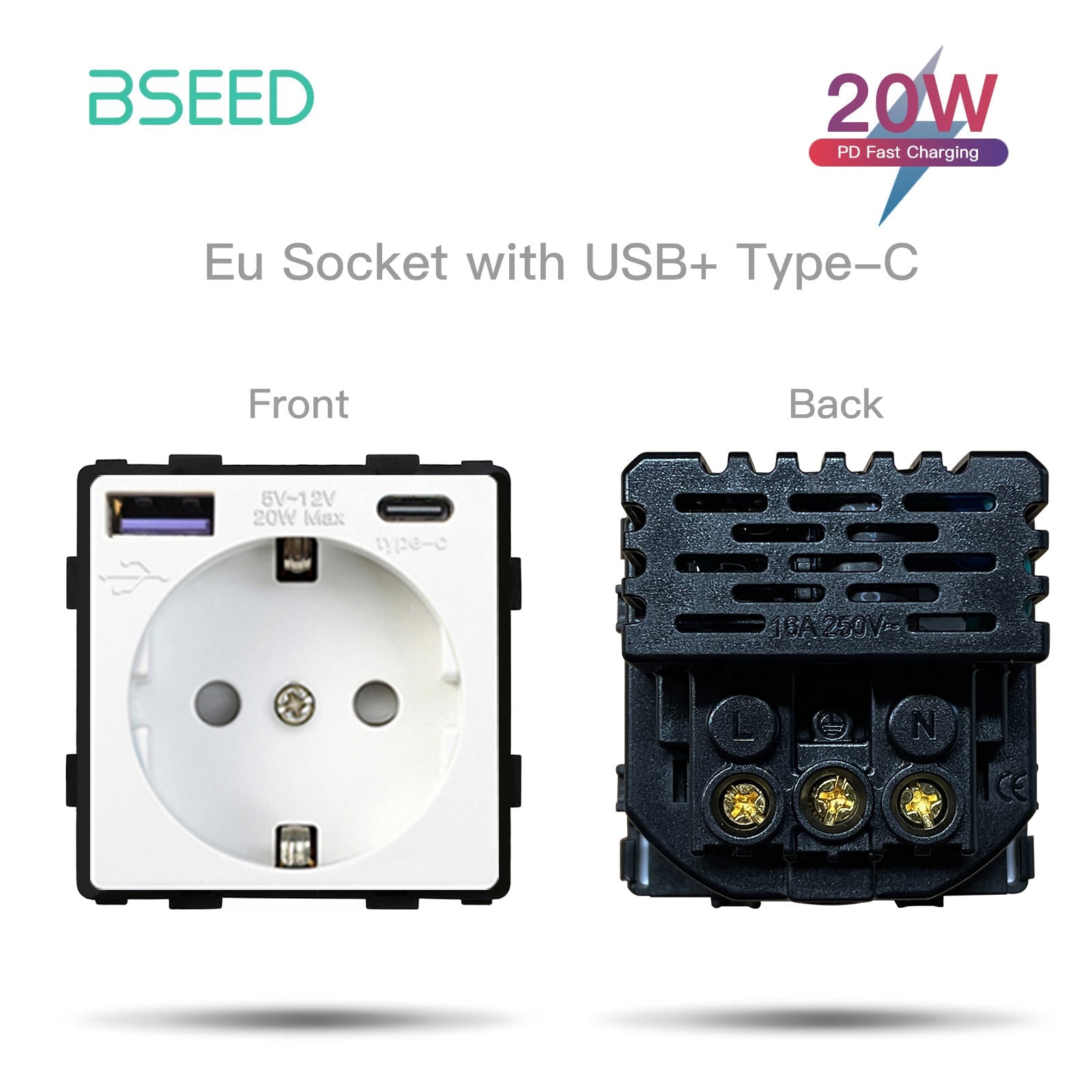 BSEED EU Type-C Interface Outlet Wall Socket 16A 20W USB-C Charge