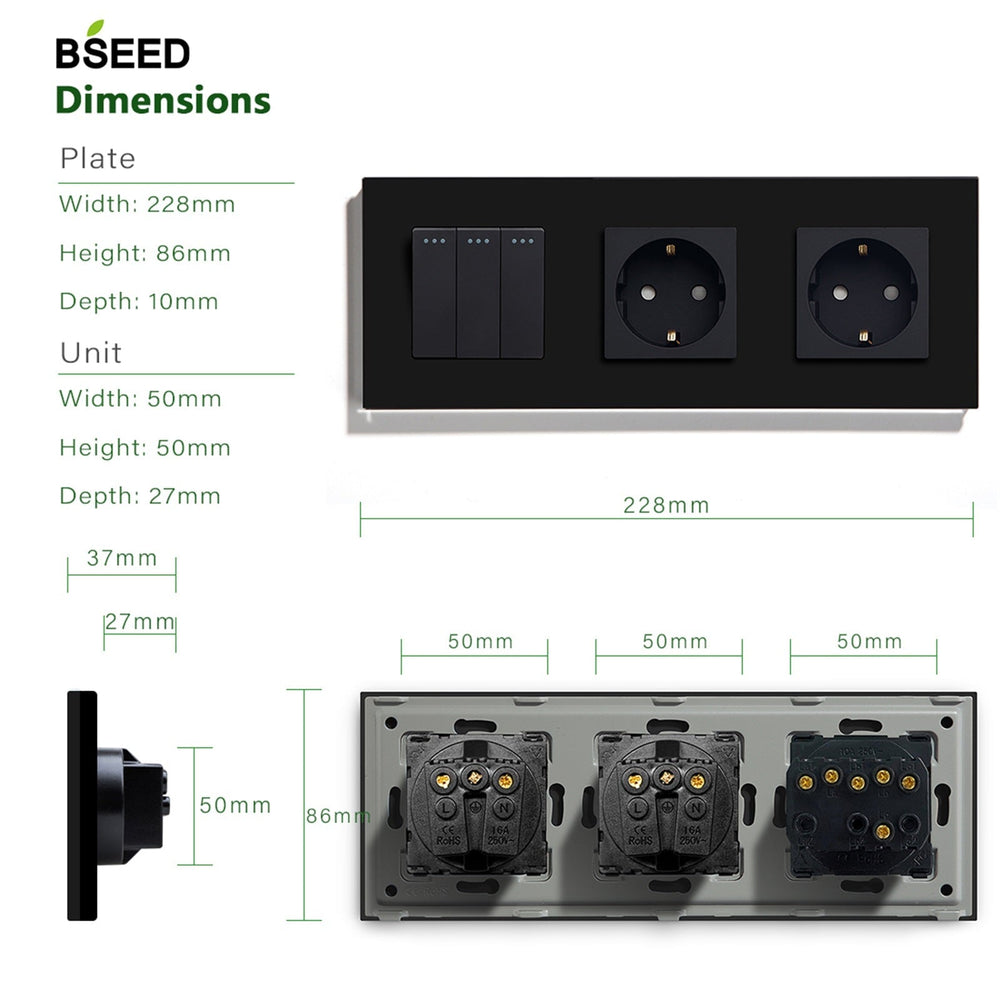 BSEED 1/2/3 Gang 1/2 Way Light Switch With Normal Eu Socket