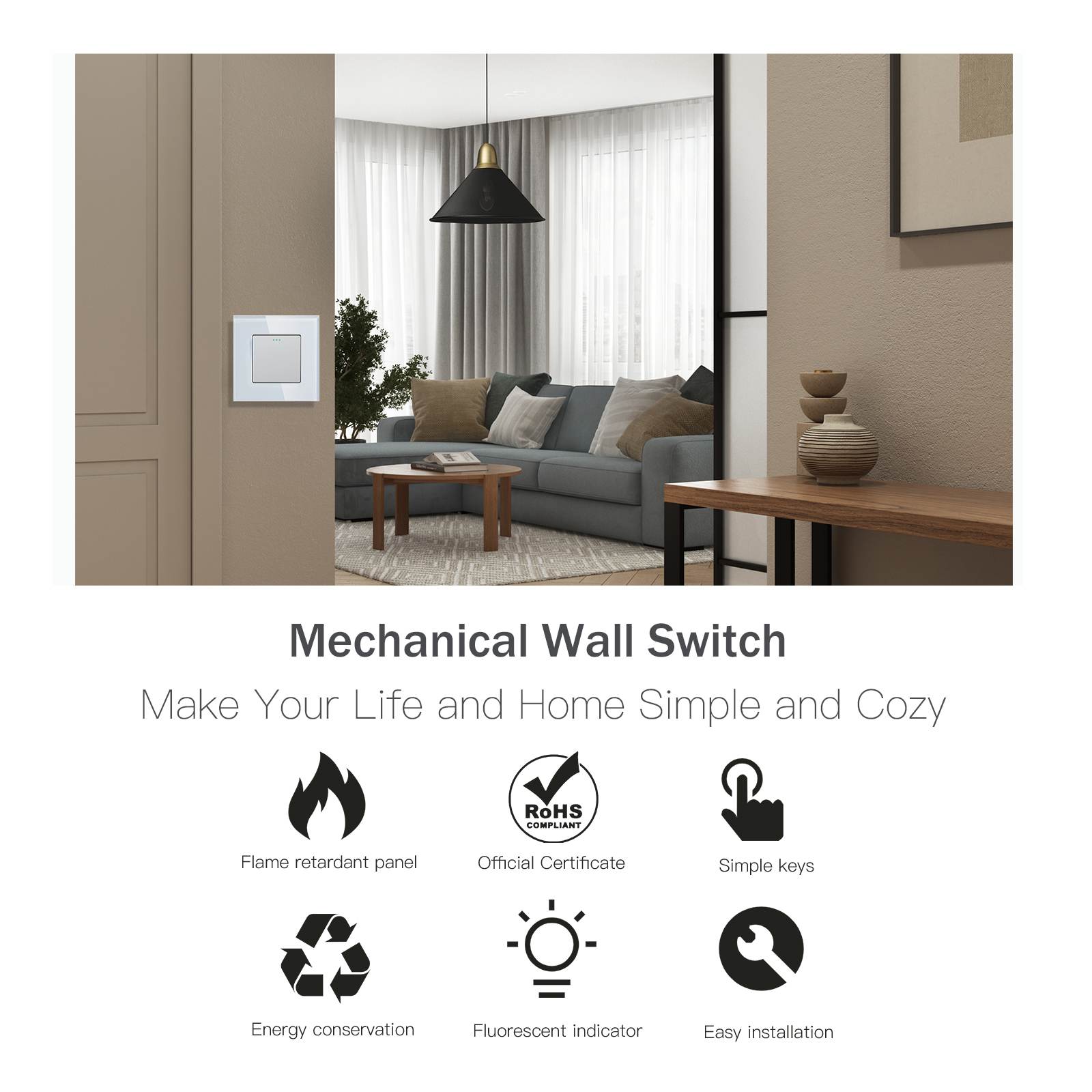 BSEED Wall Switches Automatic Rebound 1/2Gang 1Way Glass Mechanical Li ...