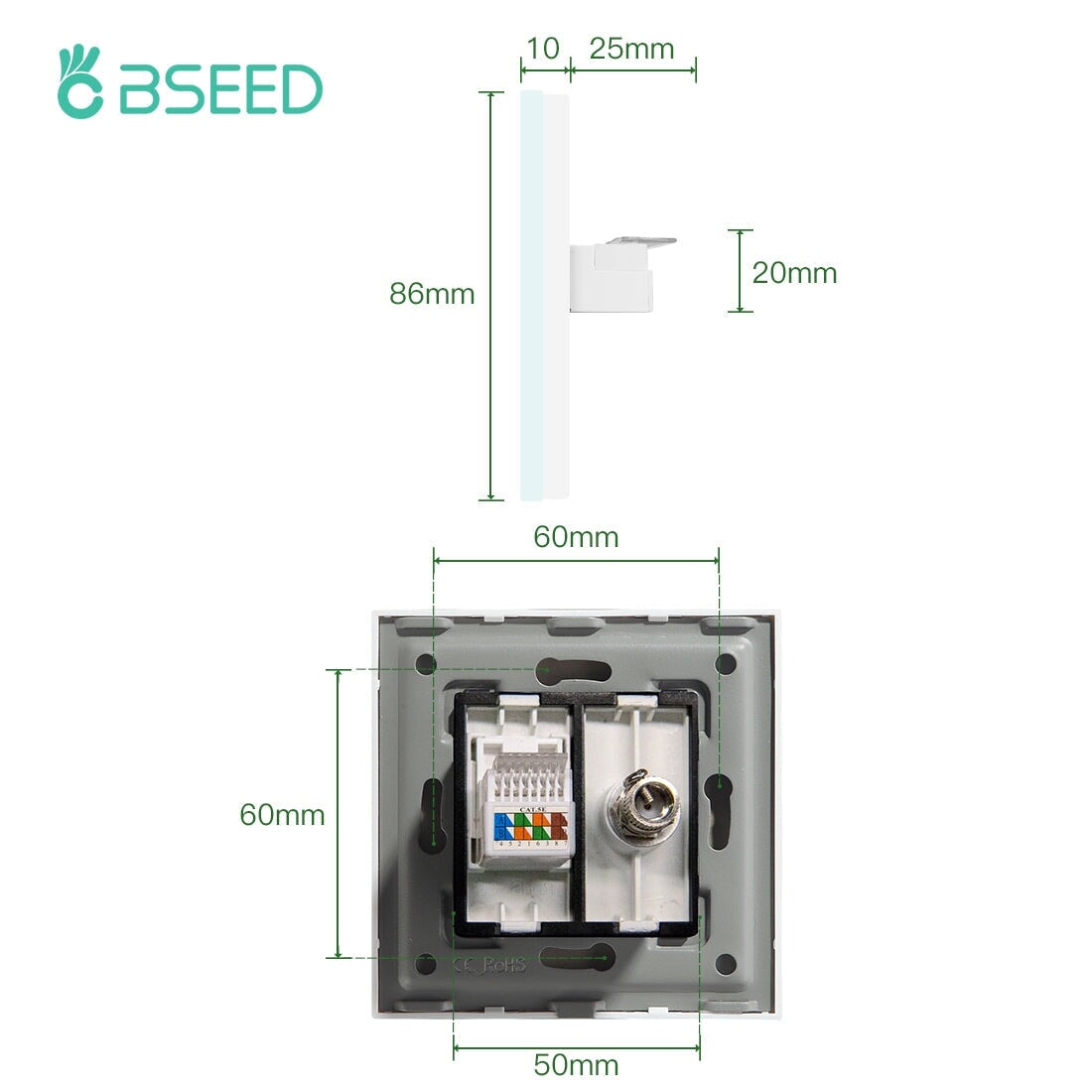BSEED EU Standard Wall Socket With Double TV Socket Crystal Glass Pane ...
