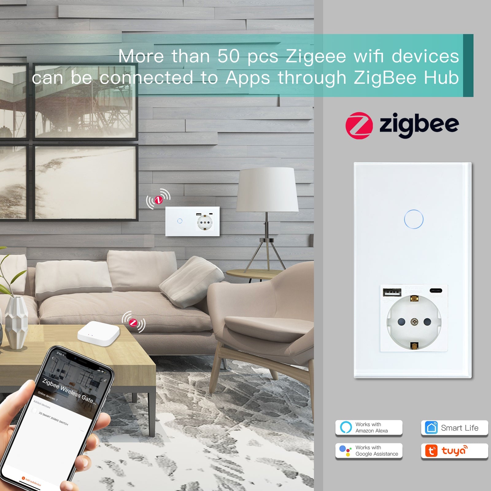Bseed Zigbee 1/2/3 Light Switch 1/2/3 Way With EU Socket With USB and ...
