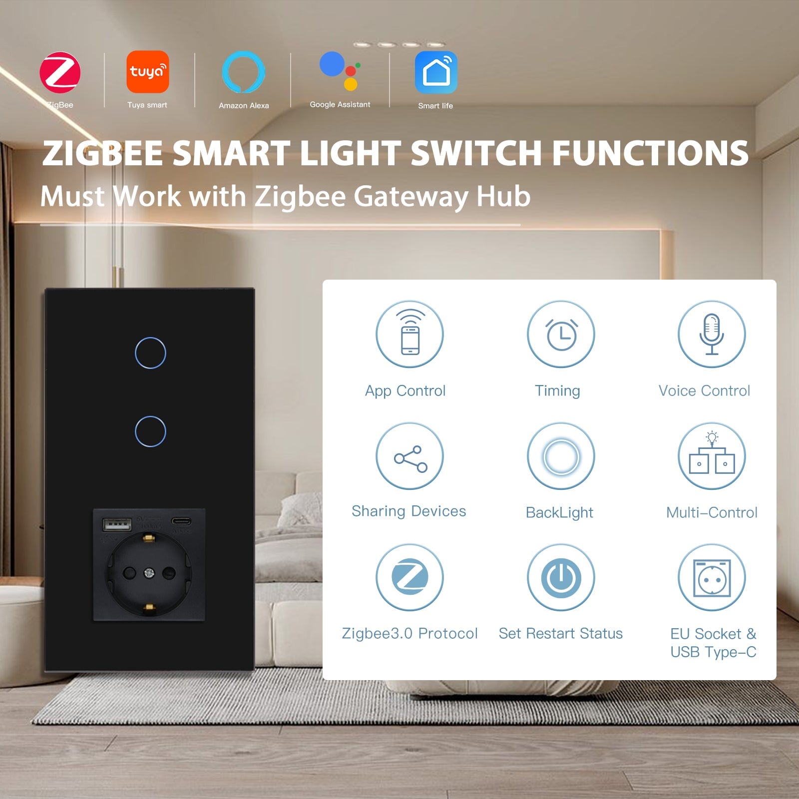 Bseed Zigbee 1/2/3 Light Switch 1/2/3 Way With EU Socket With USB and ...